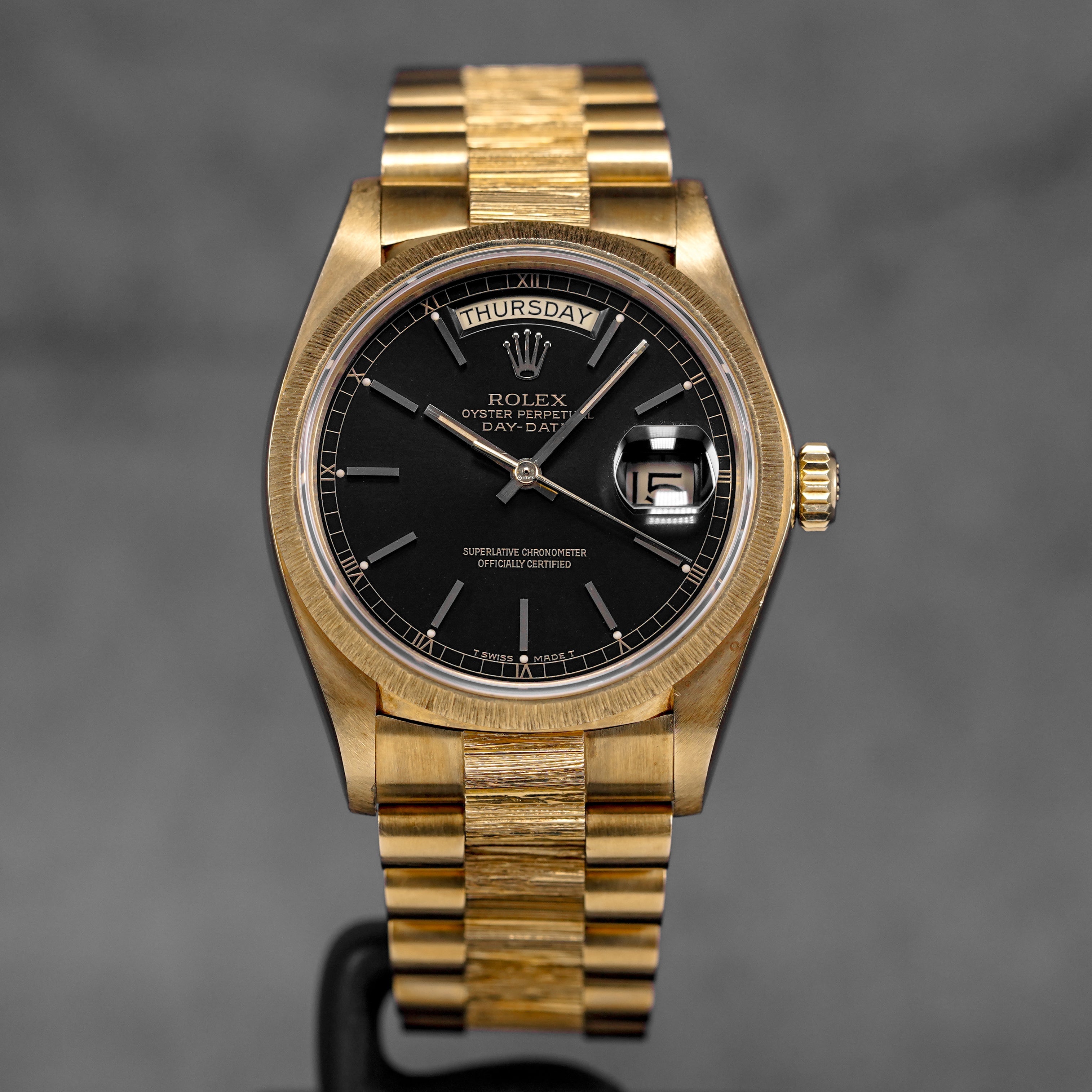 ROLEX DAYDATE 36MM 18078 YELLOWGOLD BLACK DIAL BARK FINISH (WATCH ONLY ...