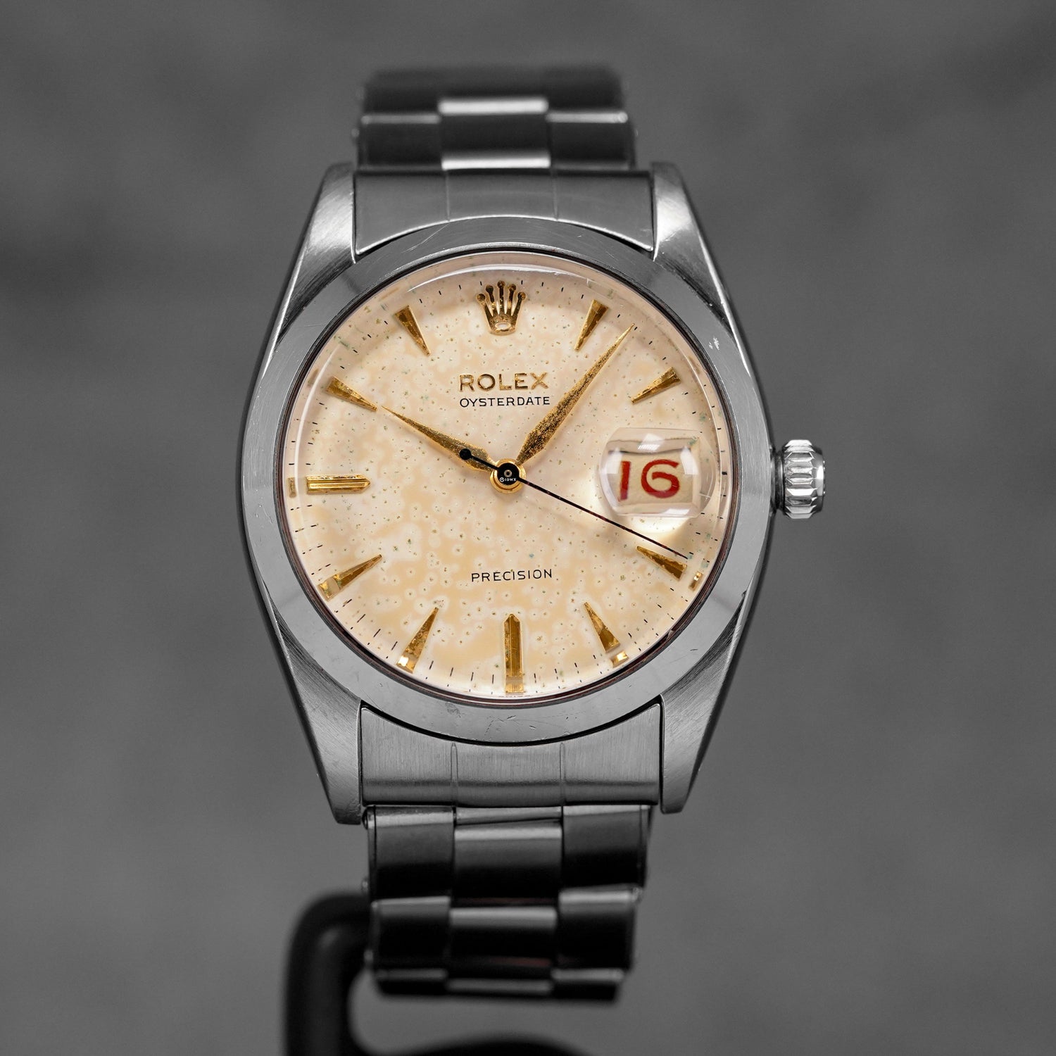 ROLEX OYSTER DATE 34MM 6694 ROULETTE DATE WHEEL SILVER-PATINA DIAL ...